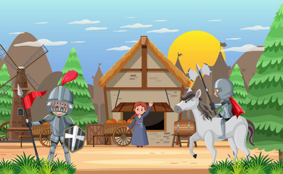 Medieval town scene with villagers Royalty Free Vector Image