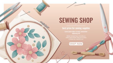 Sewing shop banner with seamstress working tools Vector Image