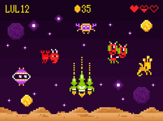 Pixel game space graphics 8 bit aliens spacecraft Vector Image