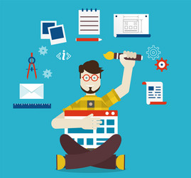 Cartoon programmer writes code workspace concept Vector Image