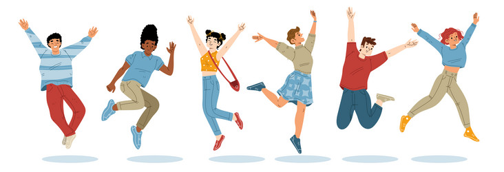 Happy office employees jump with raised arms Vector Image