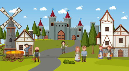 Medieval town scene in cartoon style Royalty Free Vector