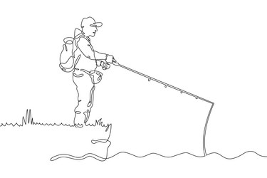 One continuous linefisherman on the river bank Vector Image