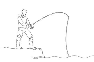 One continuous linefisherman on the river bank Vector Image