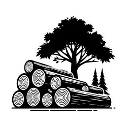 Wood log stack and trees silhouette isolated Vector Image
