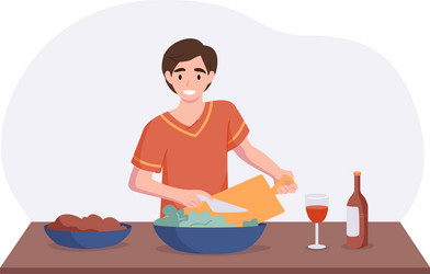 Chef cooking dinner at table in kitchen Royalty Free Vector