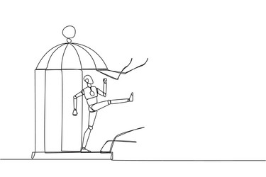Single one line drawing robot trapped in the cage Vector Image