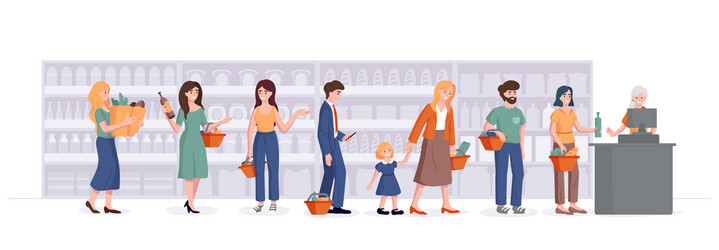 People at supermarket checkout counter cartoon Vector Image