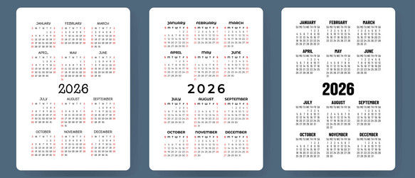 Calendar 2026 set pocket calender collection week Vector Image