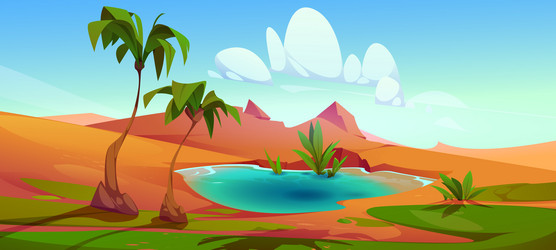 Cartoon oasis in sahara desert with palm landscape
