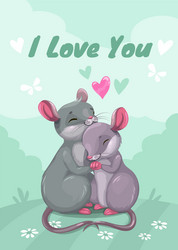 Pair cute mice hugging in a meadow Royalty Free Vector Image