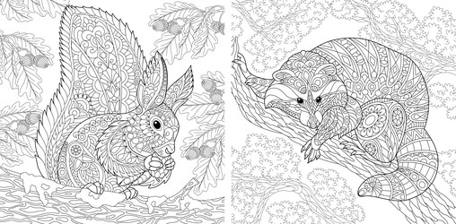 Coloring page with cute squirrel in the forest Vector Image