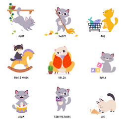 Funny cat in different action as english verb for Vector Image