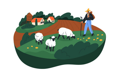 Shepherd with a herd goats and sheep Royalty Free Vector