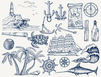 Nautical hand drawn set sailing sketch Royalty Free Vector