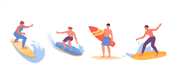 Young Guy Riding Surfboard Active Male Character Vector Image
