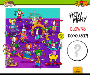 How many cartoon clowns characters counting game Vector Image