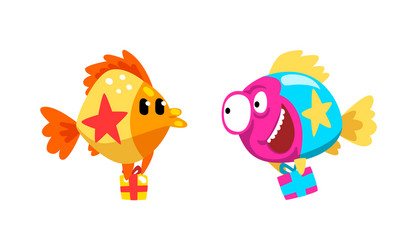 Funny fish character floating with gift box Vector Image