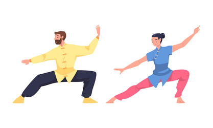 Man and woman character practicing tai chi Vector Image