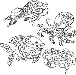 Filigree swirl sea and ocean creatures squid Vector Image