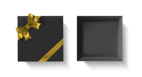 Open black gift box with golden bow and ribbon Vector Image