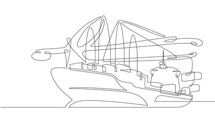 One continuous linecargo seaport the tugboat Vector Image
