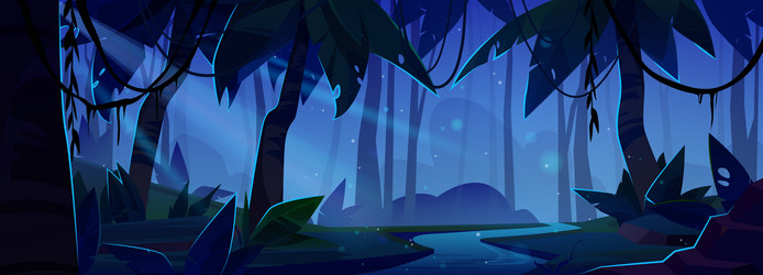 Fantasy night forest cartoon background Royalty Free Vector