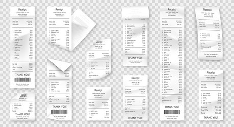 Realistic set of shop receipts on transparent Vector Image