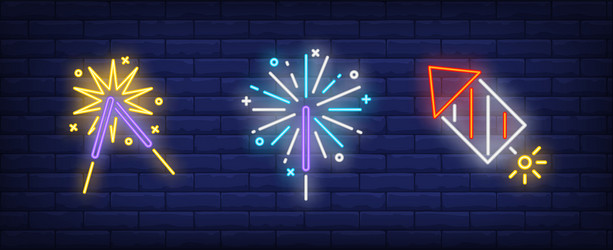 Sparkler and fireworks neon signs set Royalty Free Vector
