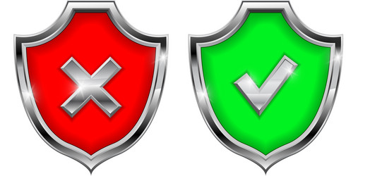 Green and red shield with ok check mark and x Vector Image