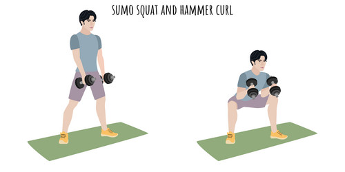 Young Man Doing Sumo Squat And Hammer Curl Vector Image