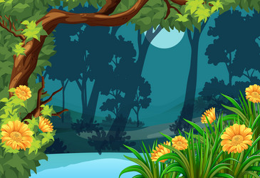 With trees and moon in cartoon Royalty Free Vector Image