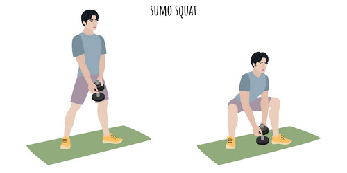 Asian Young Man Doing Sumo Squat And Hammer Curl Vector Image