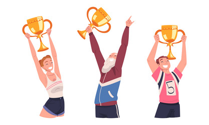 Happy winners holding trophy golden cups set Vector Image