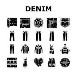 Denim textile material fashion icons set Vector Image