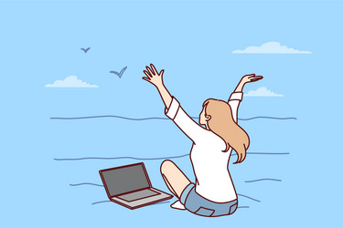 Happy woman sit on beach work on computer Vector Image