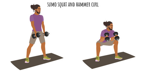 Senior Man Doing Sumo Squat And Hammer Curl Vector Image