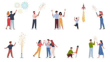 People characters launching and watching explosion