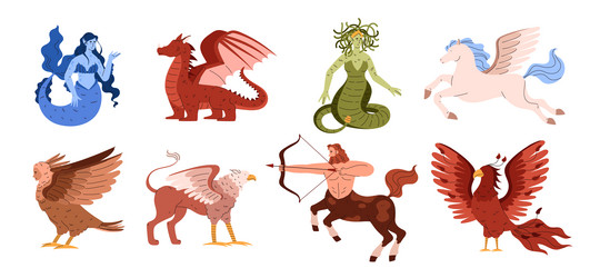 Mythical creature cards set cartoon flat Vector Image
