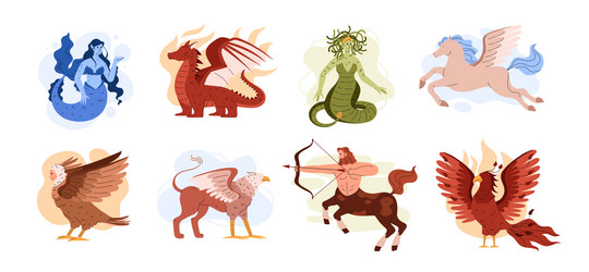 Mythical creature cards set cartoon flat Vector Image