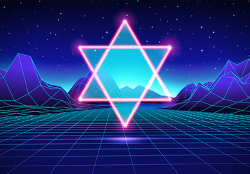Retro futuristic landscape with neon hex star Vector Image