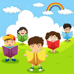 Children reading books and using computer Vector Image