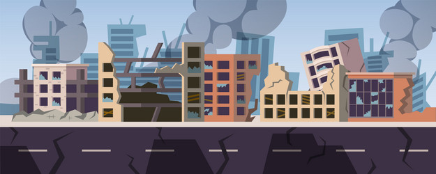 Destroyed city street with damaged houses and road