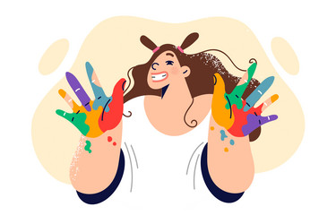 Little girl artist with palms covered paint Vector Image