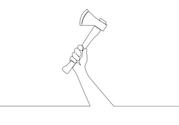 Single one line drawing hand holding wooden axe Vector Image
