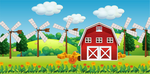 Background scene with red barn on farm Royalty Free Vector