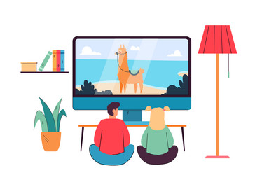 Back view of kids watching cartoon flat Royalty Free Vector