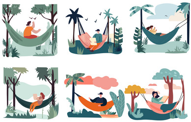 Individuals unwinding and resting in hammocks Vector Image