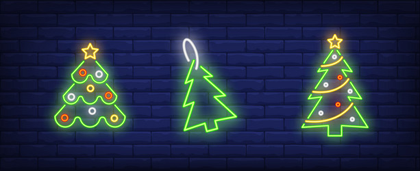 Fir-trees neon signs set Royalty Free Vector Image