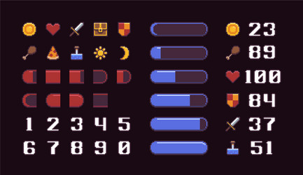 Pixel game screen element set on black Royalty Free Vector